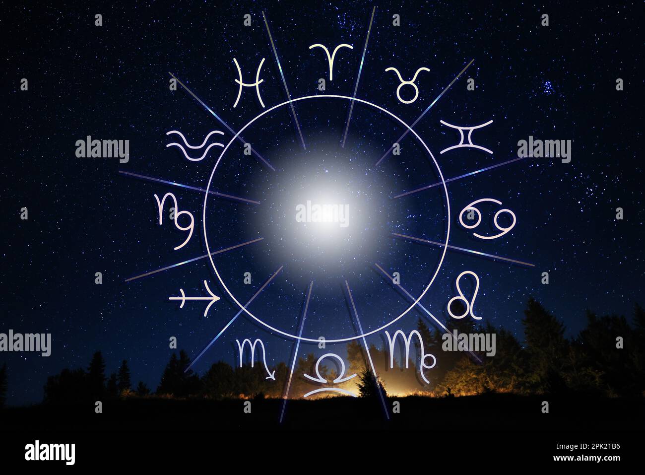 Illustration of zodiac wheel with astrological signs against starry sky ...