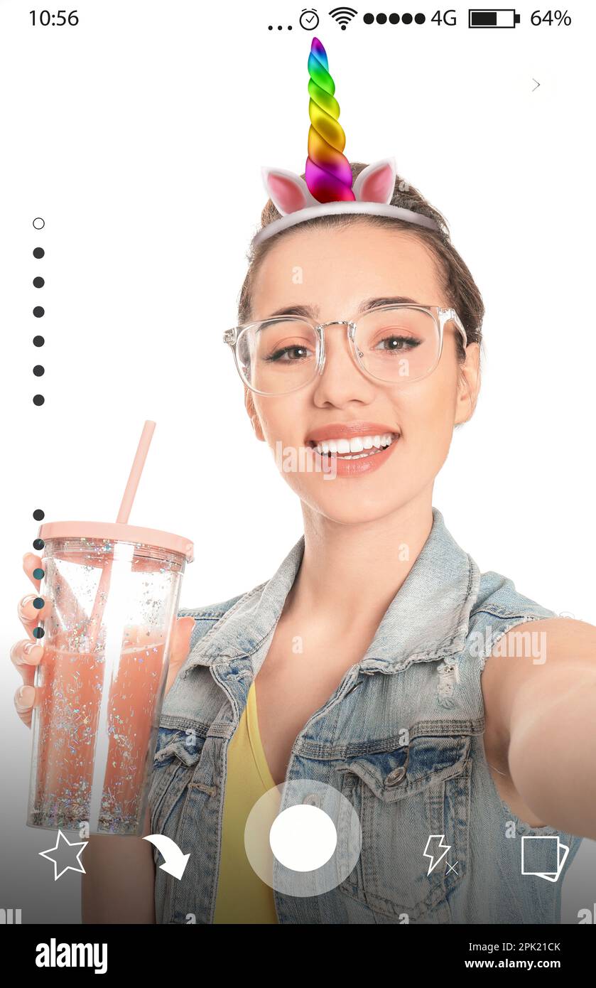 Popular blogger taking funny selfie for posting in social media Stock ...