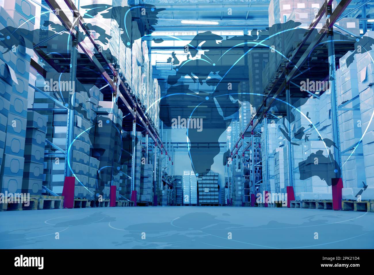 Worldwide logistics. Storage racks with different boxes in warehouse ...