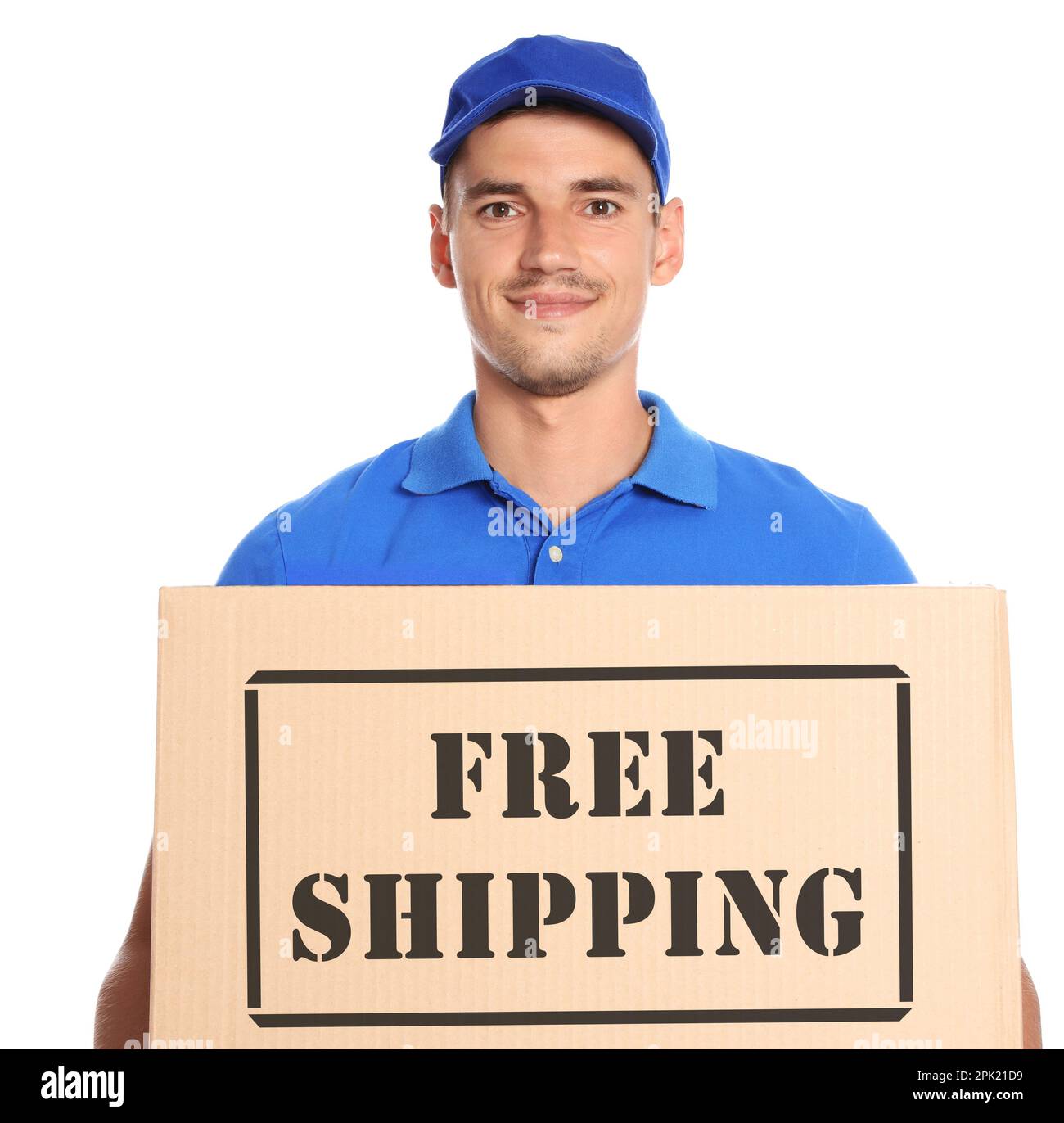 Happy young courier with cardboard box on white background. Free ...