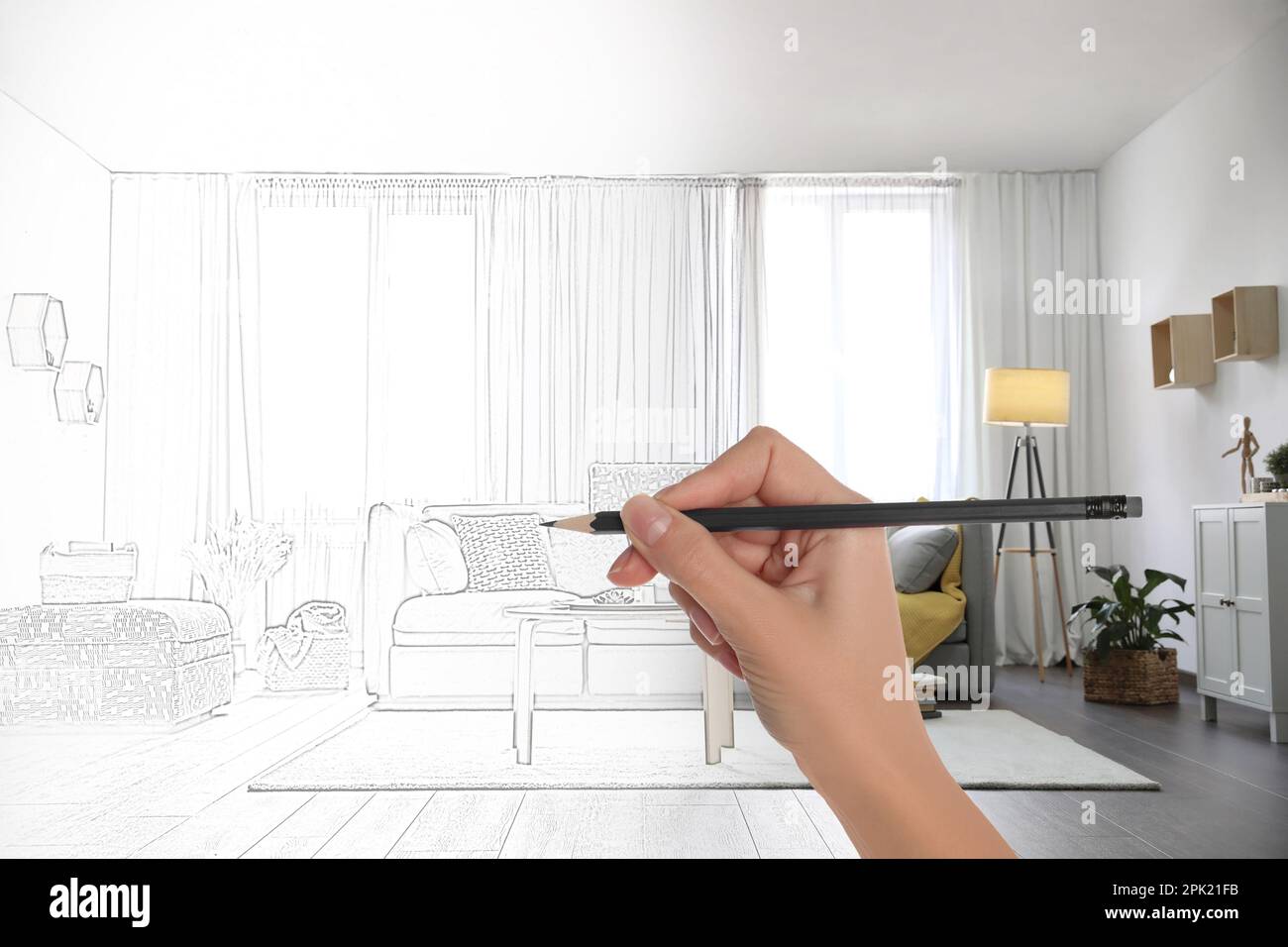 Woman drawing living room interior design, closeup. Combination of ...