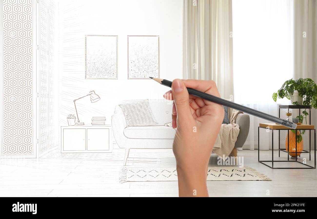 Woman drawing living room interior design, closeup. Combination of ...