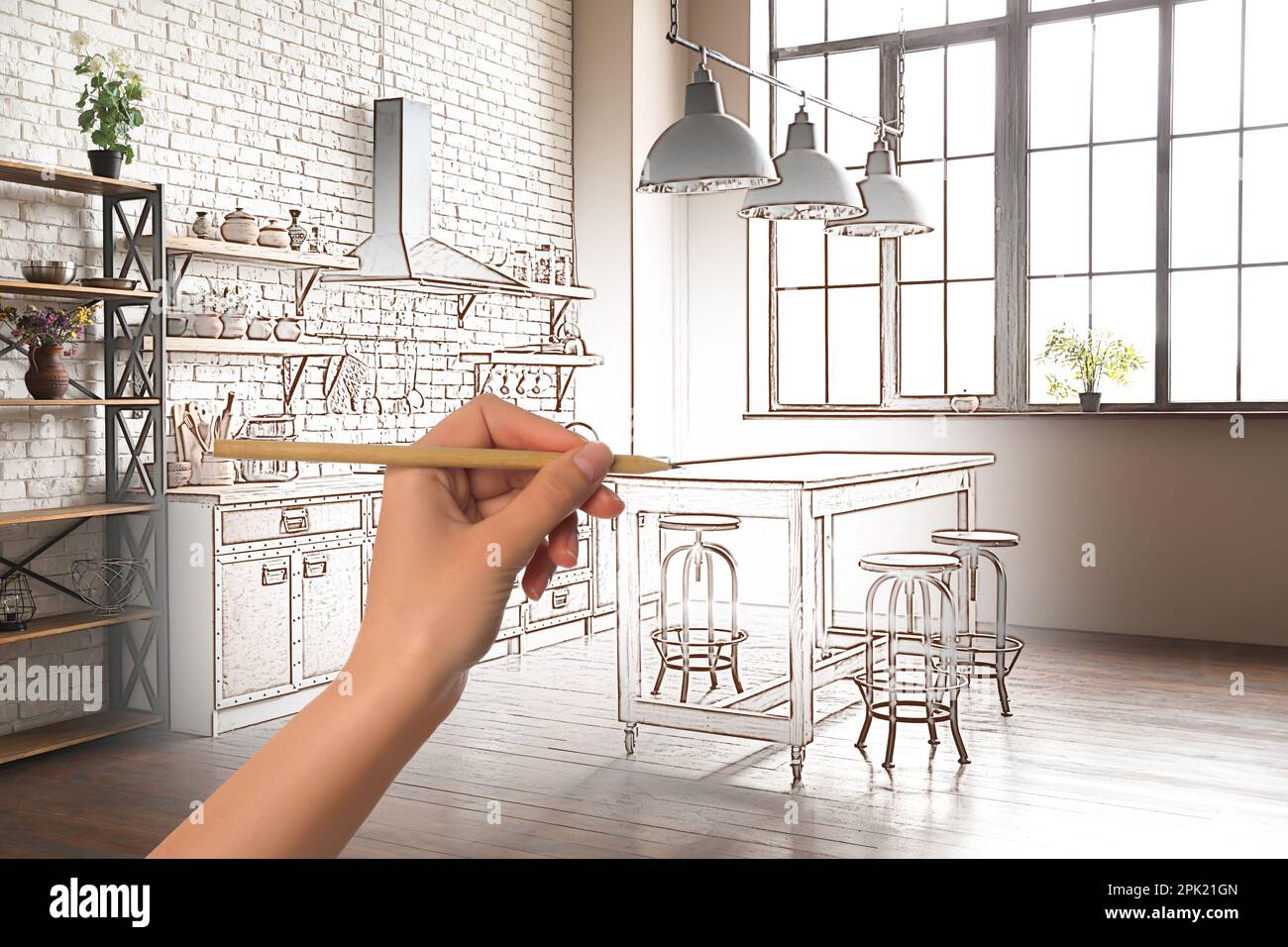 Woman drawing kitchen interior design, closeup. Combination of photo ...