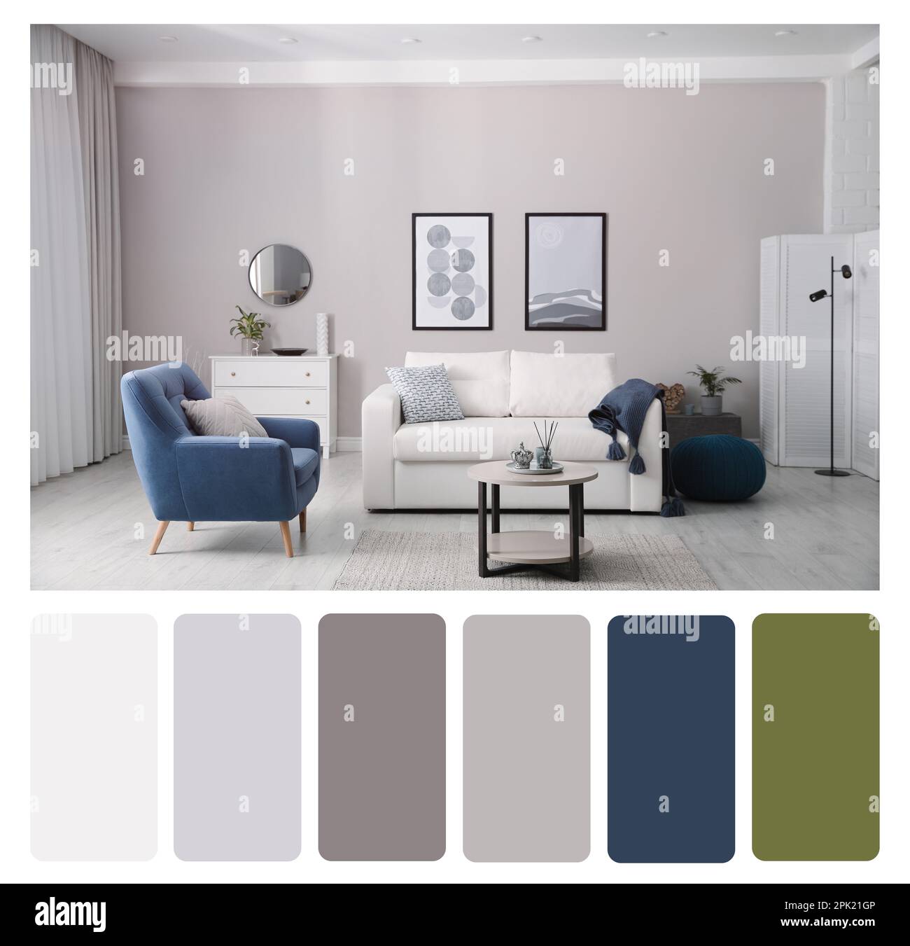 Color palette and photo of stylish living room interior. Collage Stock ...