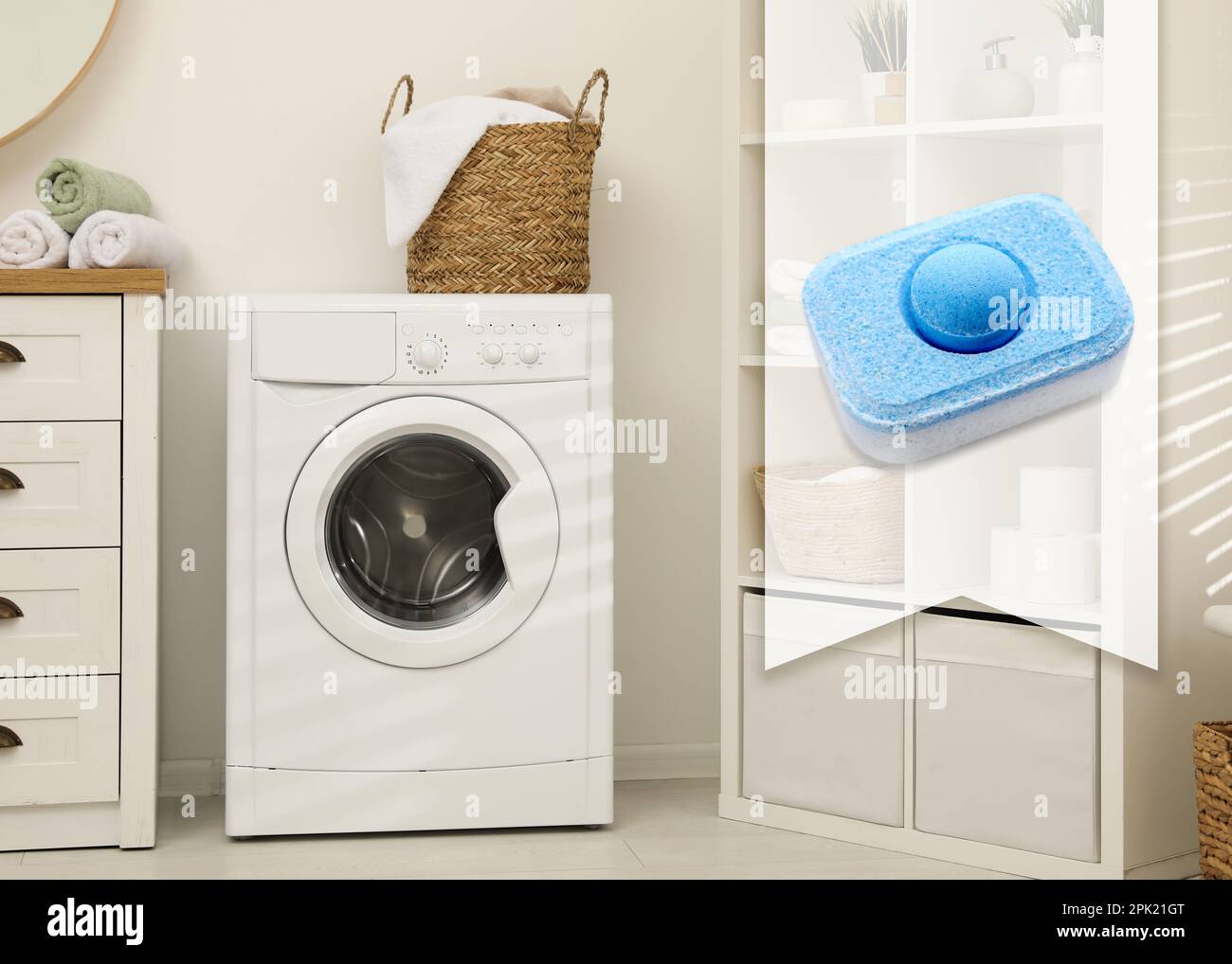 Image of water softener tablet and modern washing machine in laundry ...