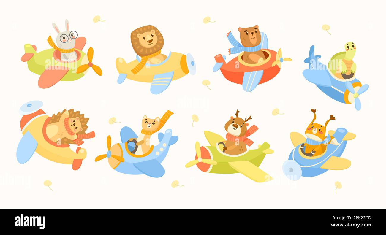 Cute animals flying on airplanes cartoon illustration set Stock Vector ...