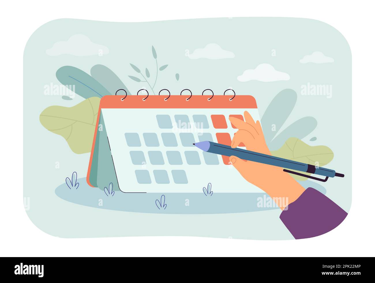 Hand with pen marking dates on calendar flat vector illustration Stock ...