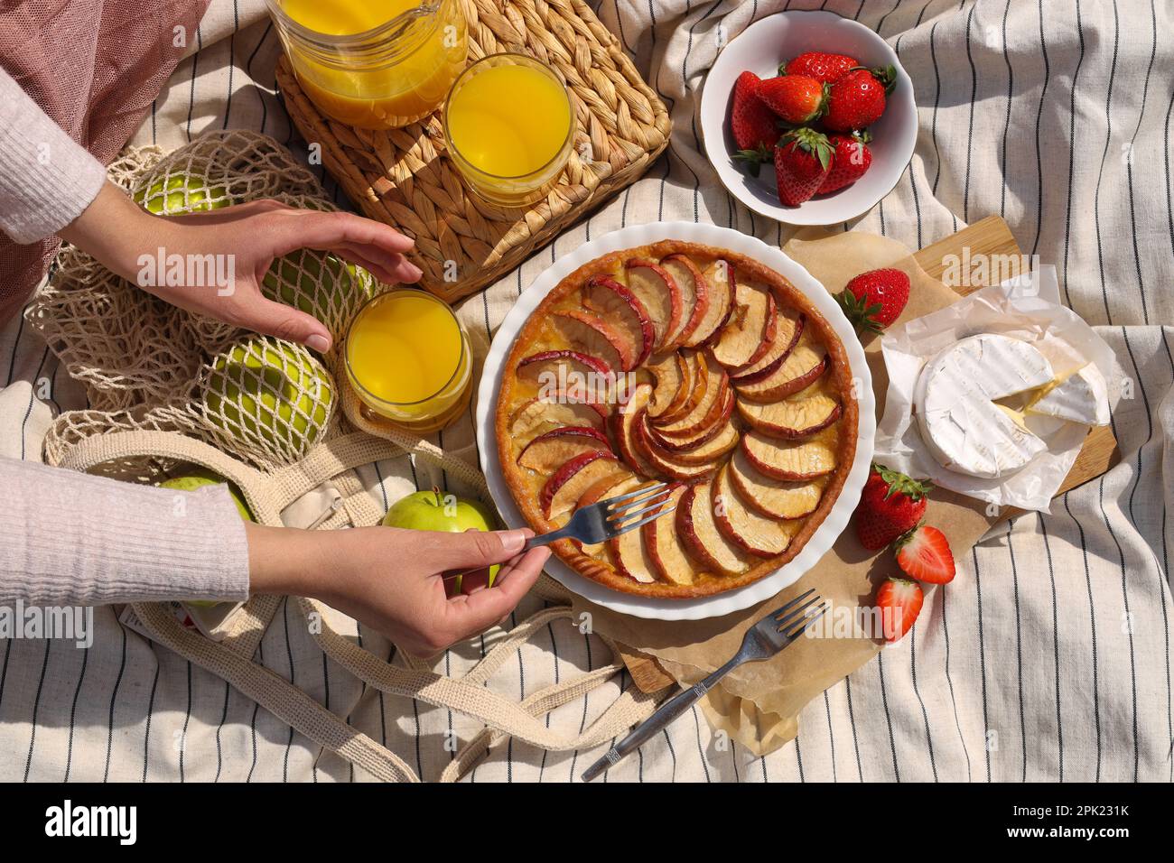 Young woman having picnic on blanket, top view Stock Photo - Alamy