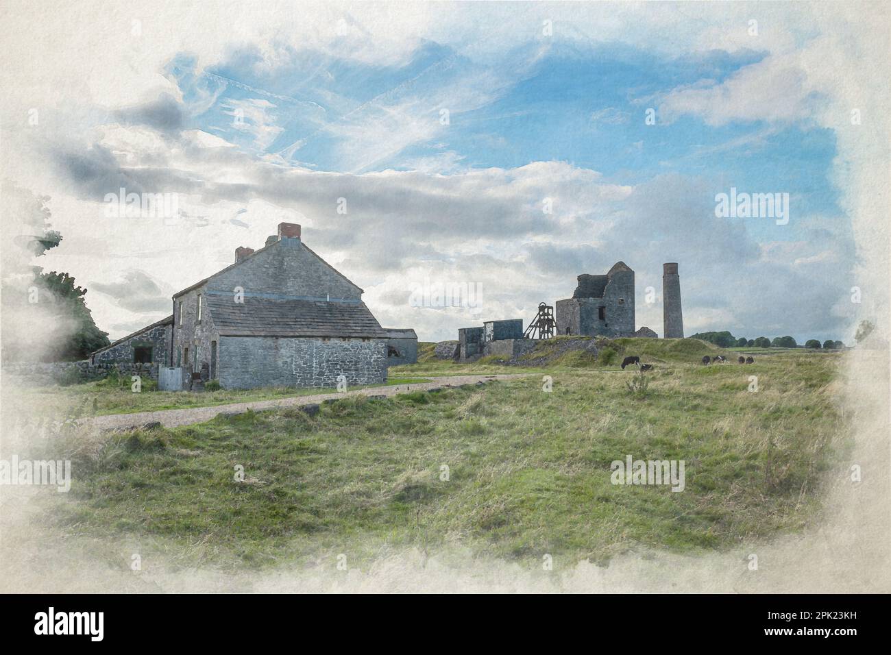 Digital watercolour painting of Magpie Mine an abandoned disused lead ...