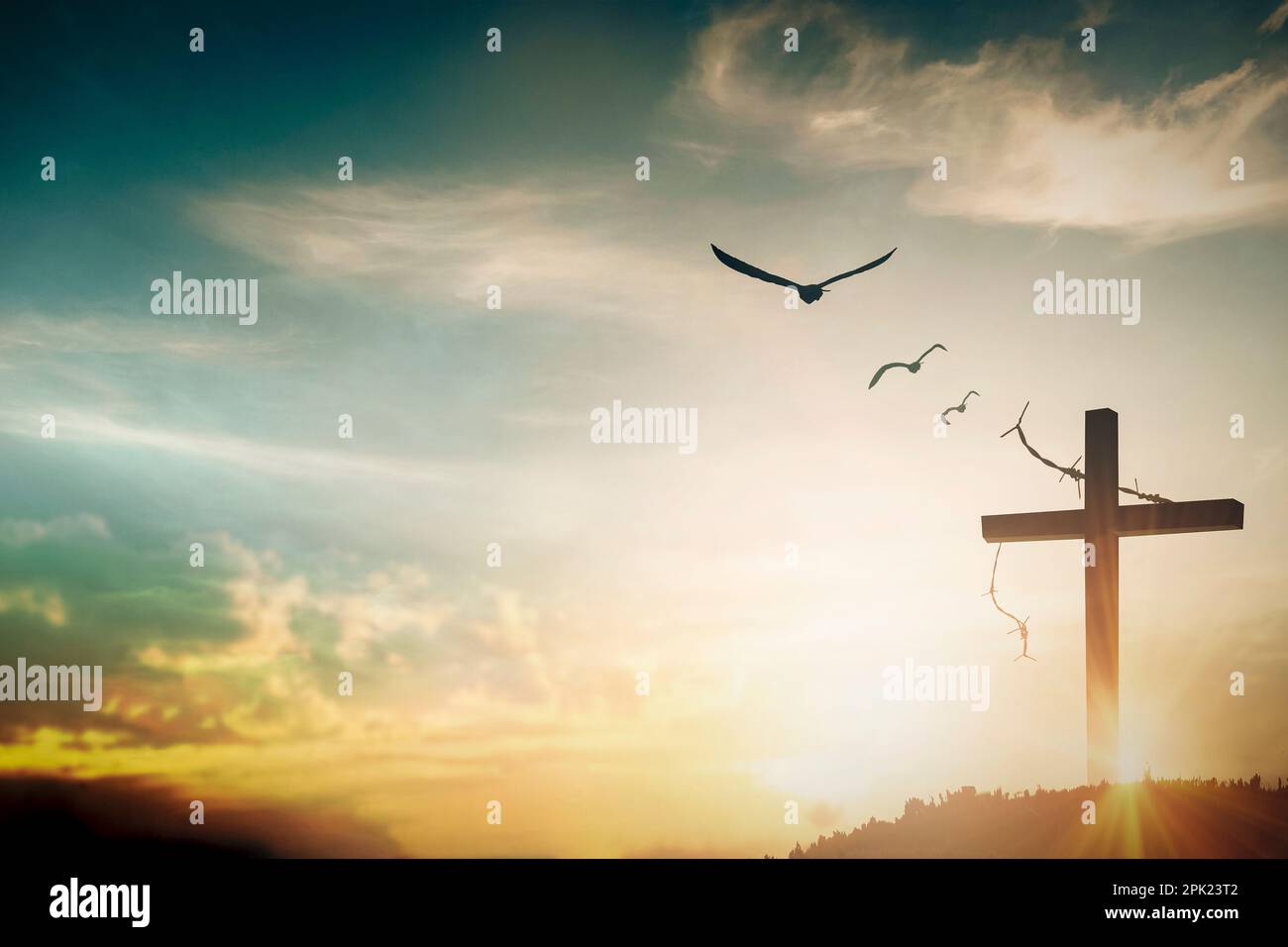 Cross of jesus christ break barrier wire on calvary sunset background ...