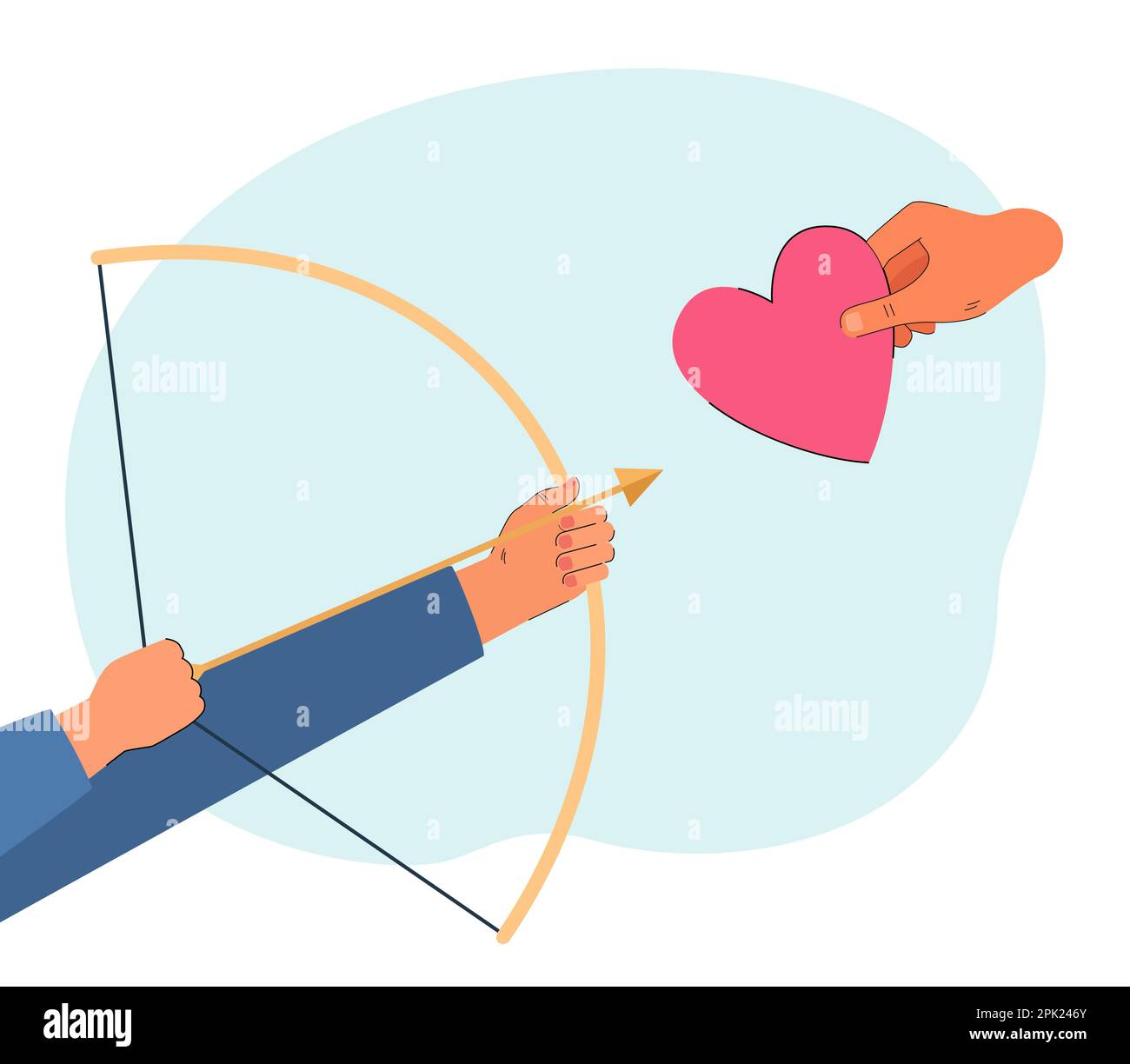 Archer aiming arrow from bow at red heart target in mans hand Stock ...