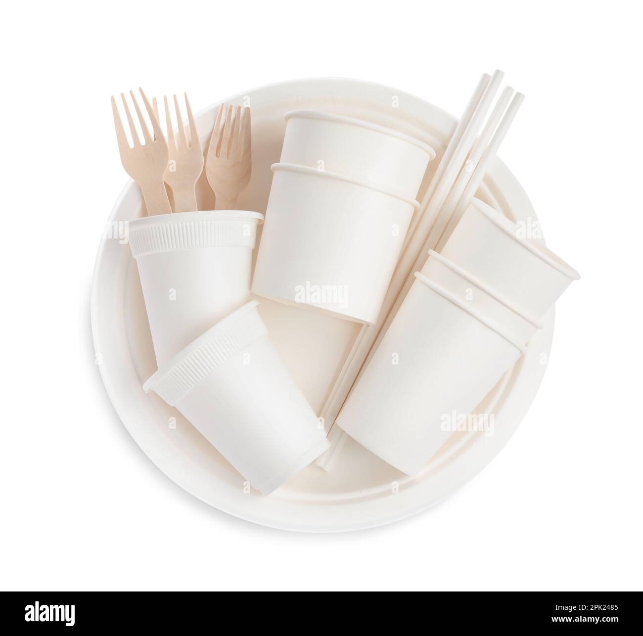Set of disposable tableware on white background, top view Stock Photo ...