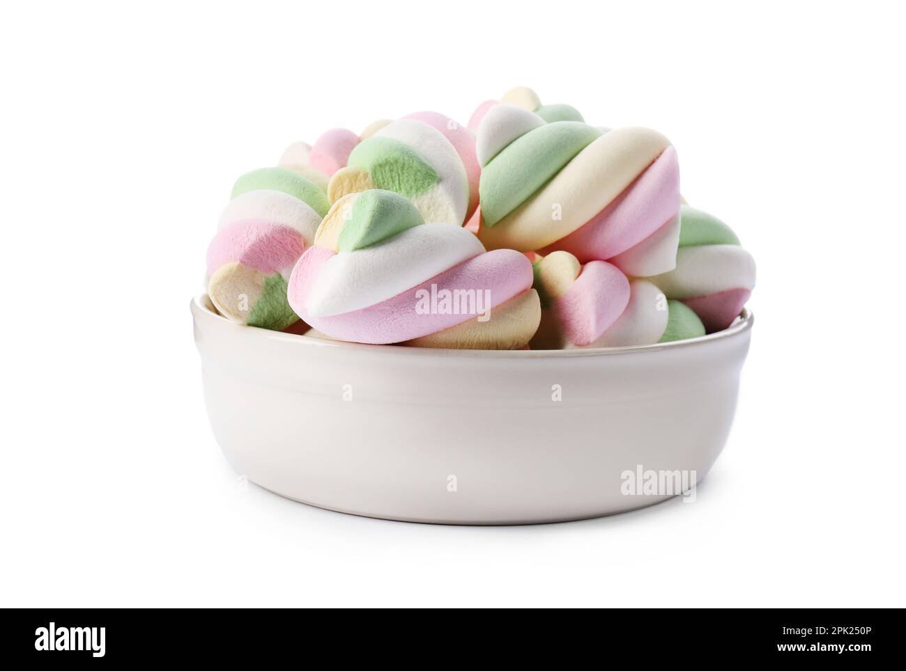 Delicious colorful marshmallows in bowl isolated on white Stock Photo ...