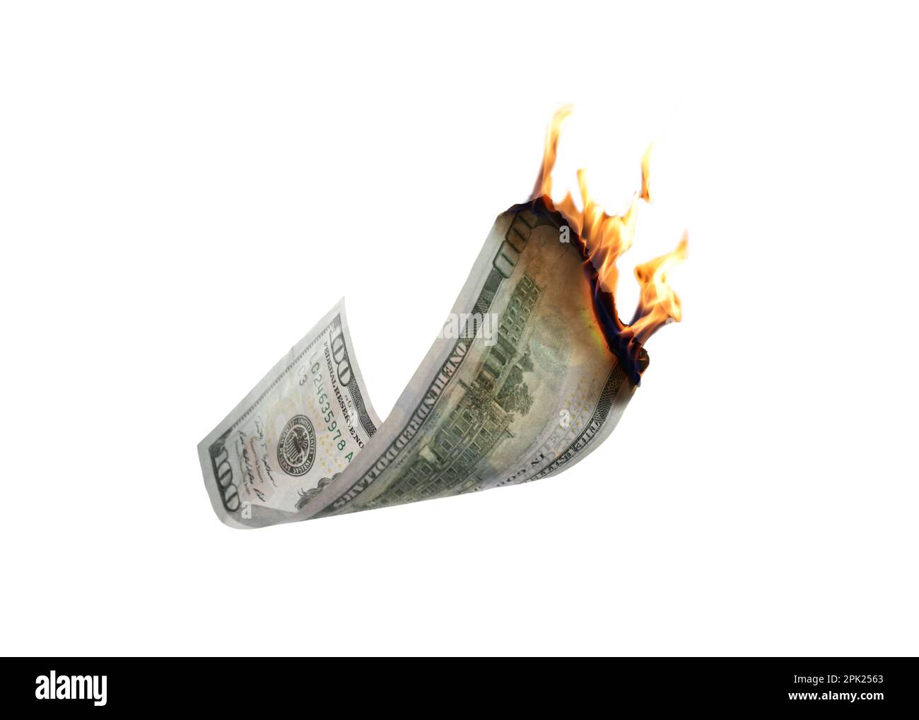 One hundred dollar banknote burning on white background Stock Photo - Alamy