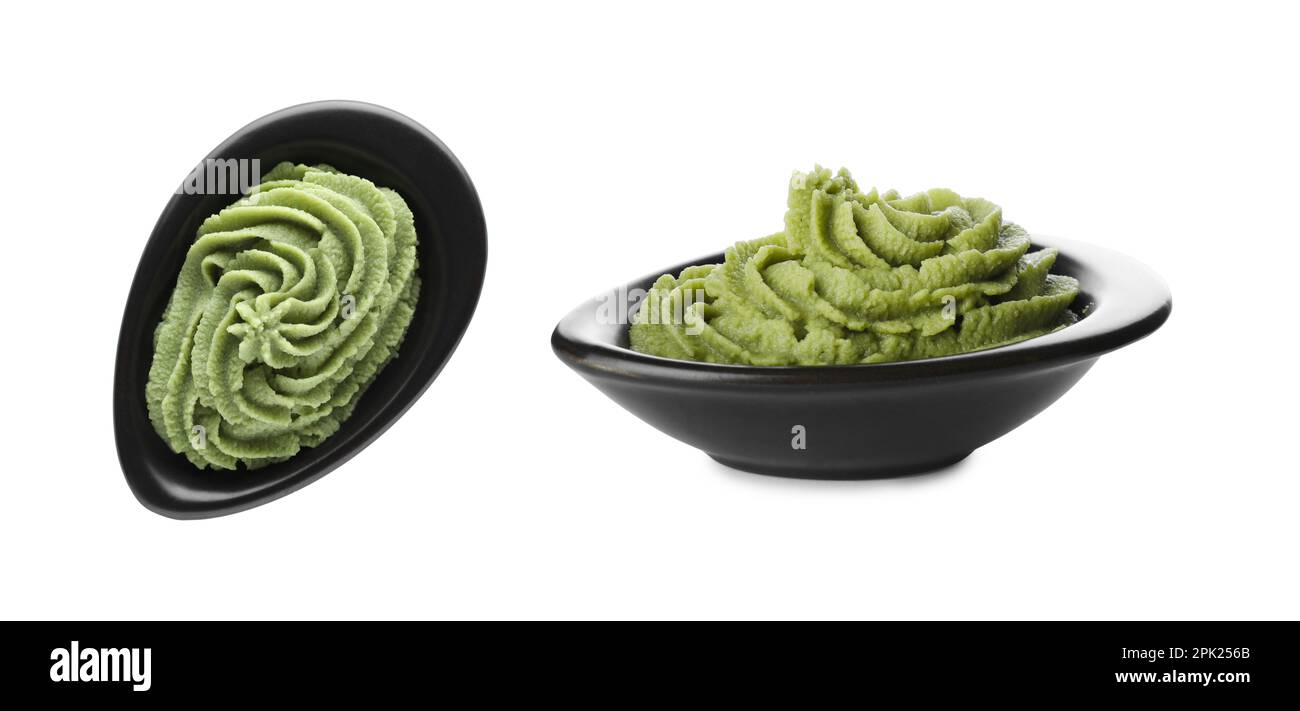 Bowls with spicy wasabi paste on white background. Banner design Stock ...