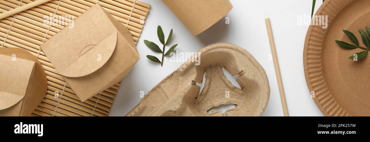 Disposable eco friendly products on white background, flat lay. Banner ...