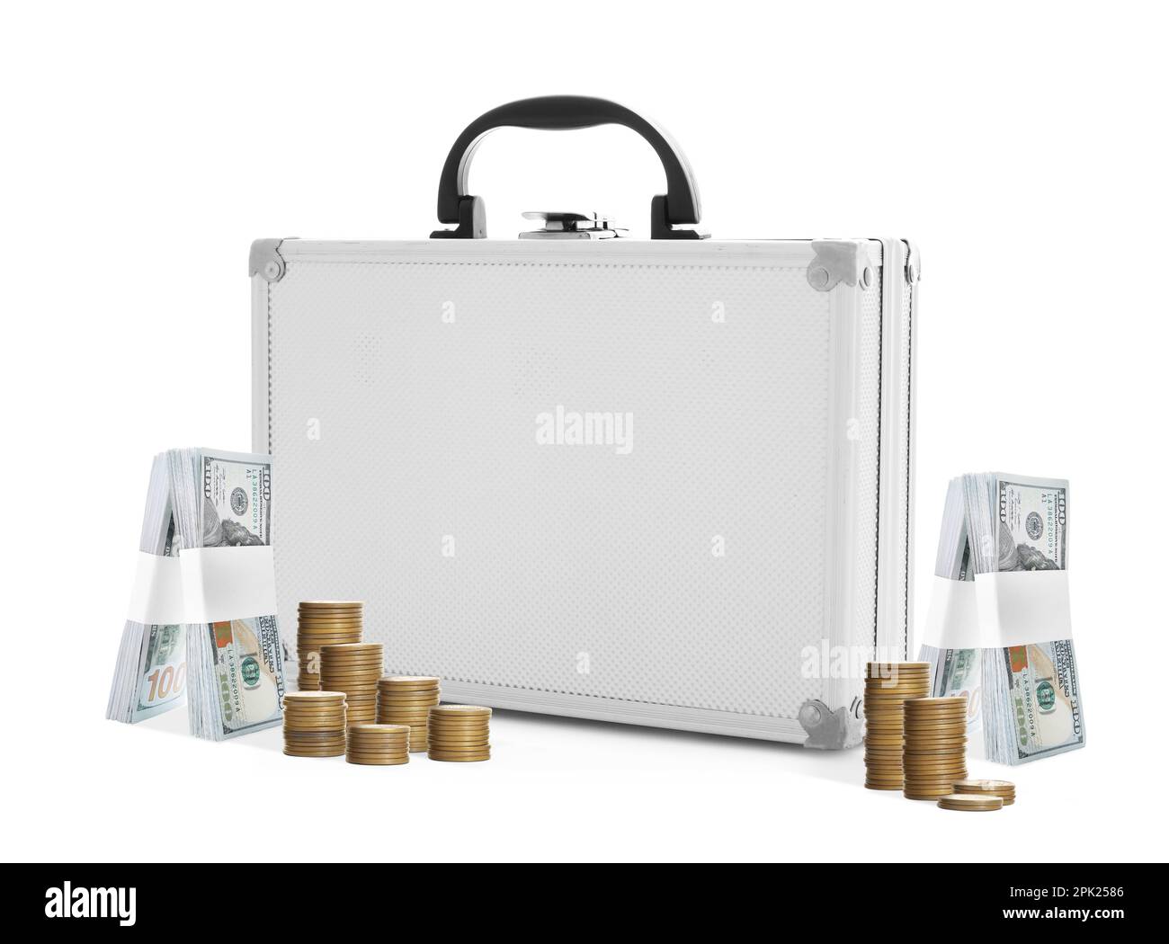 Aluminum hard case, dollar banknotes and stack of coins on white ...