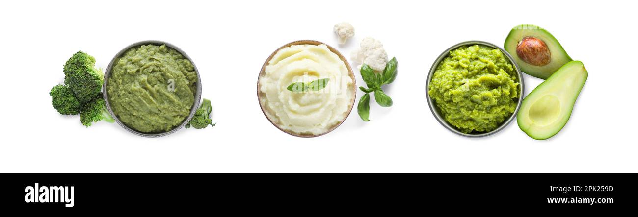 Set with different tasty vegetable puree on white background, top view ...