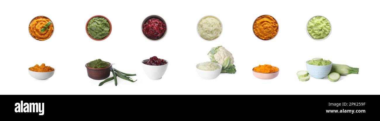 Set with different tasty vegetable puree on white background. Banner ...