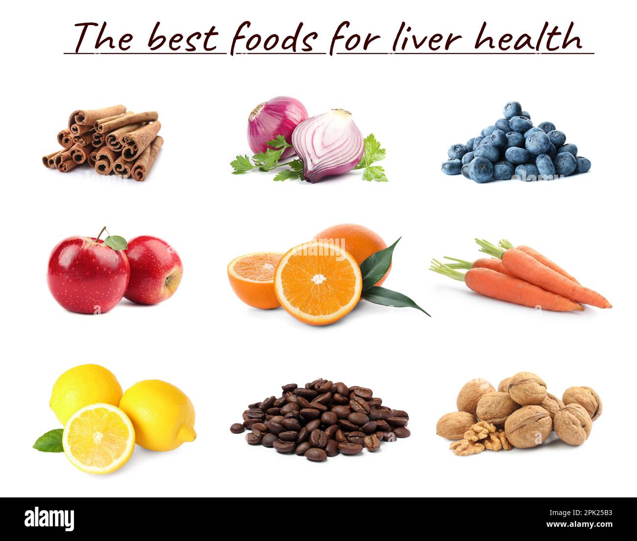List of the best foods for liver health. Collage with different tasty ...