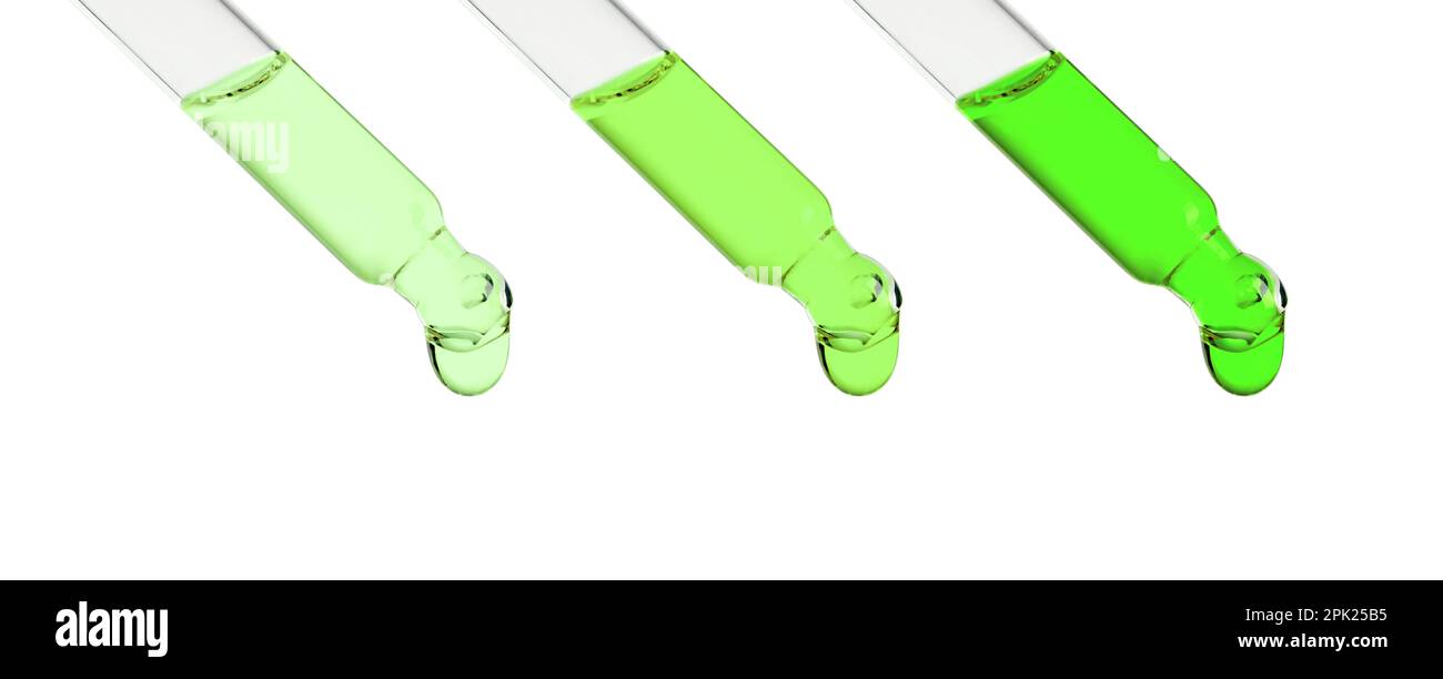 Pipettes with essential oils on white background, collage. Banner ...