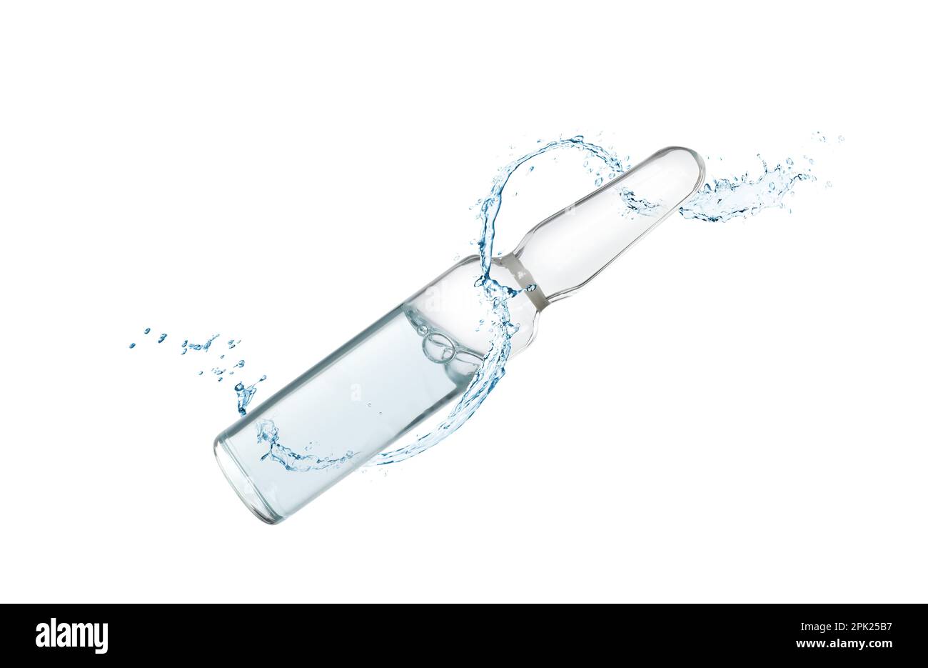 Glass ampoule with pharmaceutical product and splash of water on white ...
