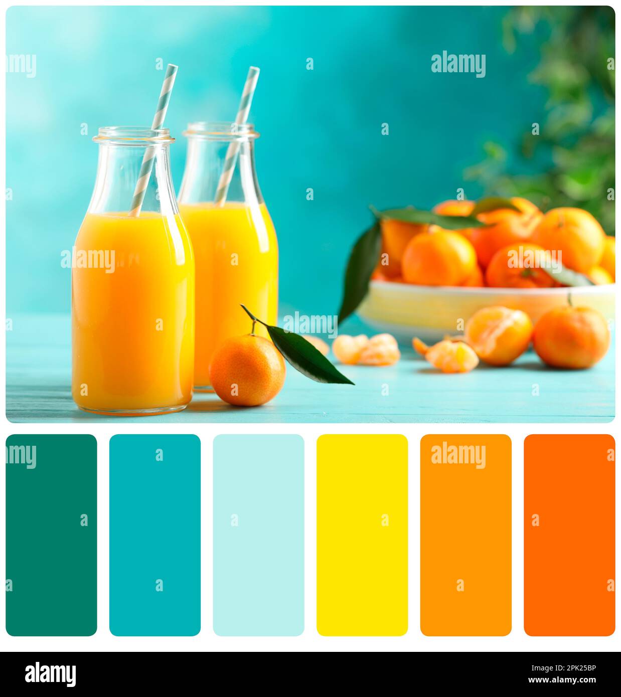 Color matching palette. Bottles of fresh tangerine juice on blue wooden ...