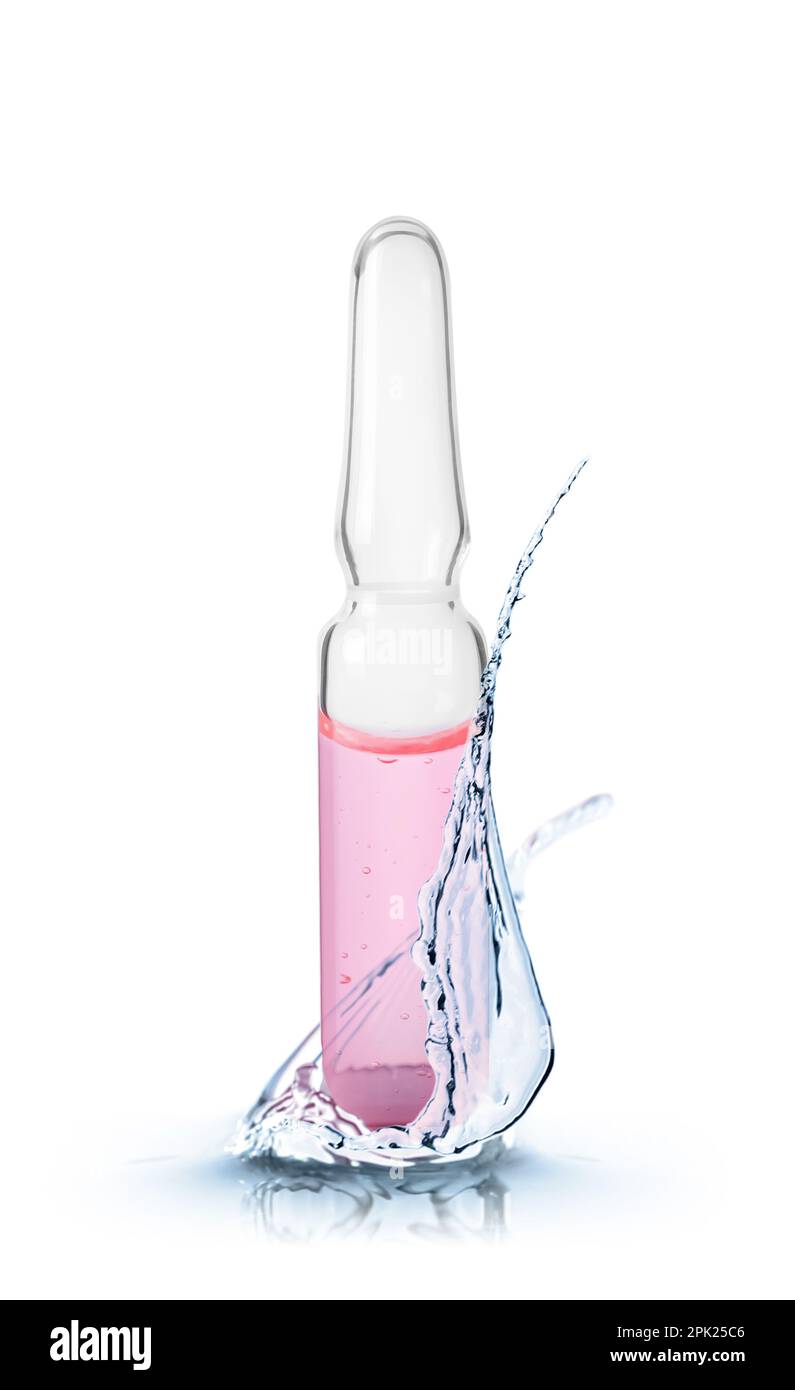 Glass ampoule with pharmaceutical product and splash of water on white ...