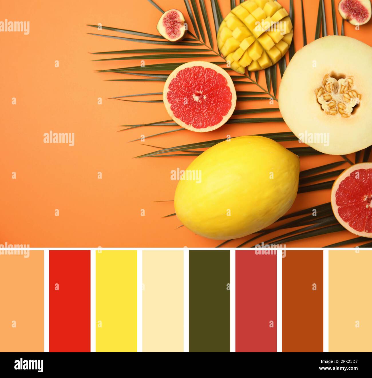 Color palette and composition with fresh fruits on pale orange, flat ...