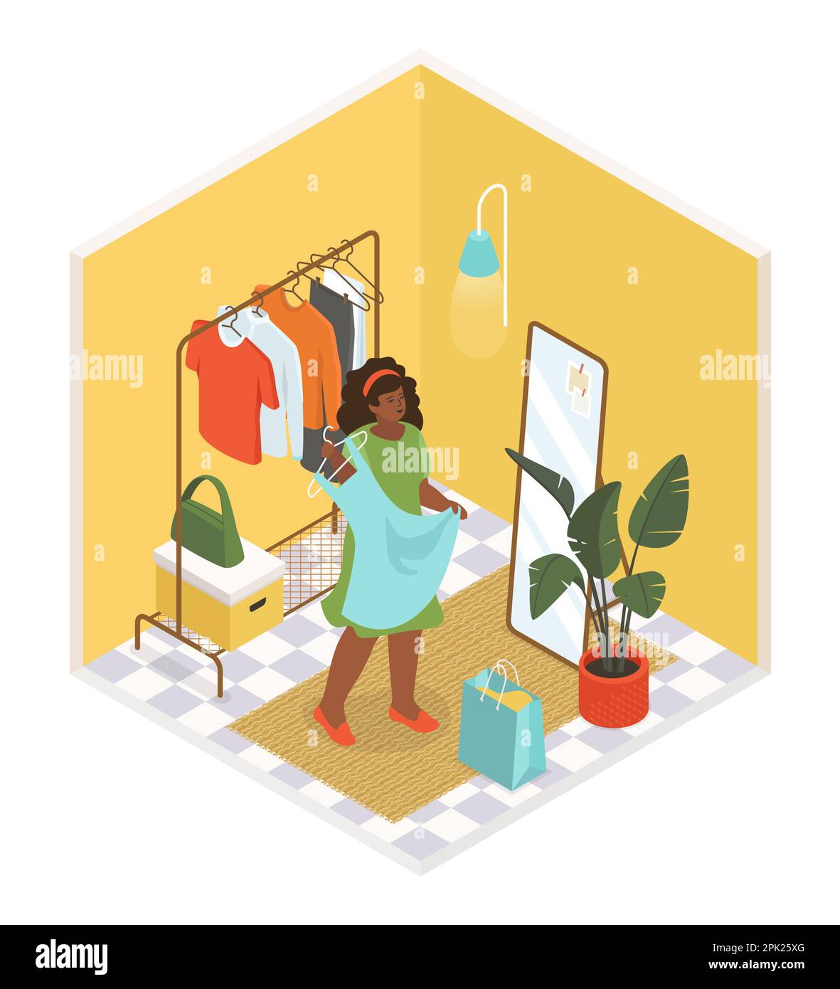 Trying on clothes in the dressing room - vector colorful isometric ...