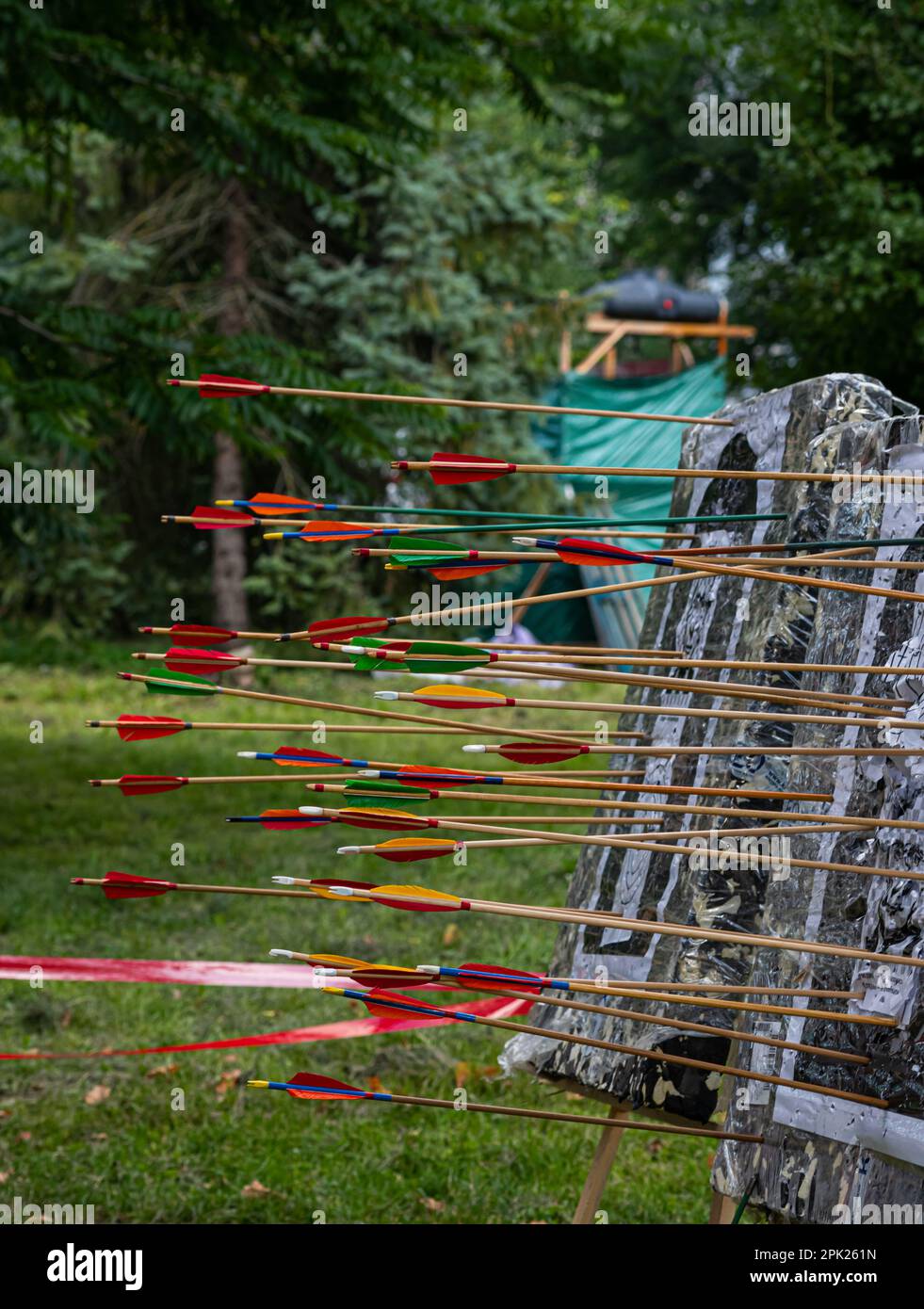 Successful concept, all gold arrows on target, archery sport Stock ...