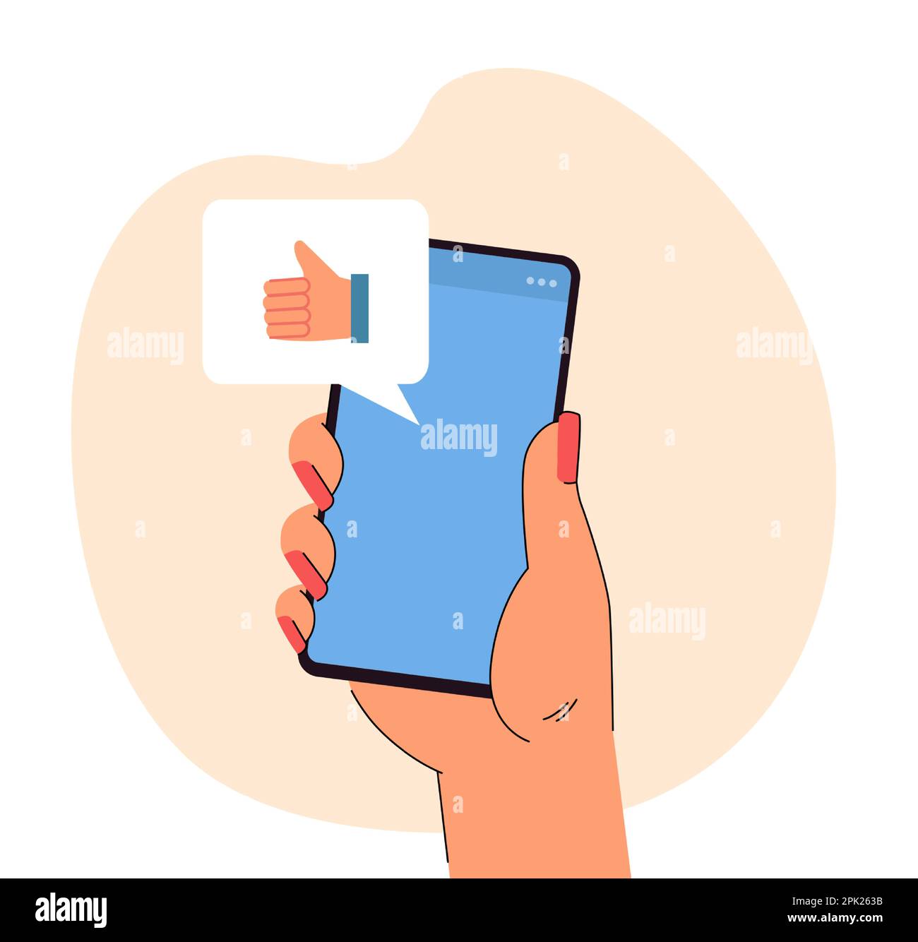 Hand holding phone showing positive reaction in speech bubble Stock ...