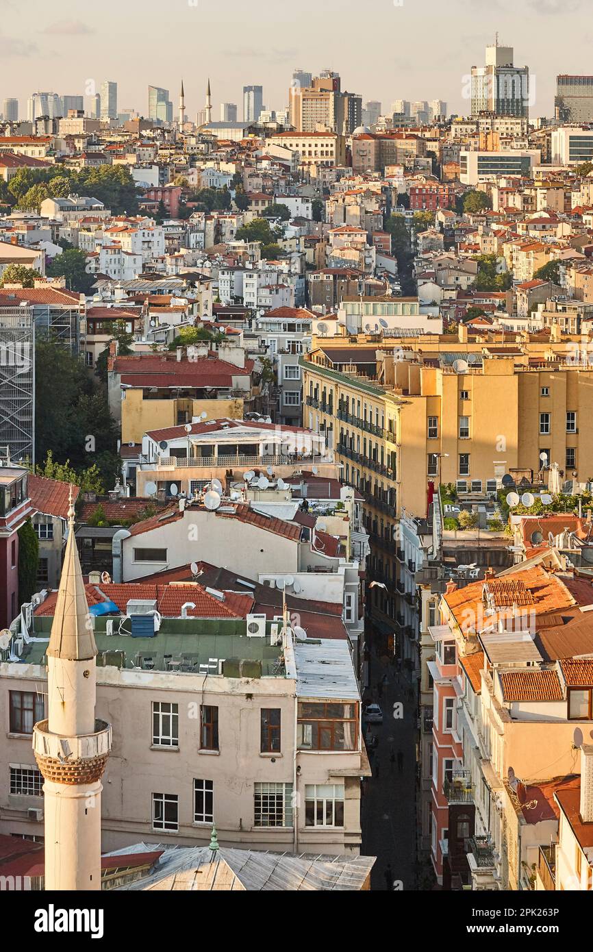 Istanbul city center traditional buildings on the hill at sunset ...