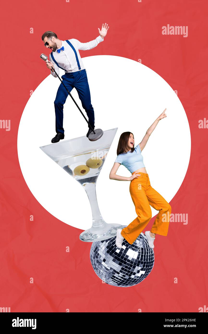 Creative collage photo poster postcard sketch of crazy active energetic ...