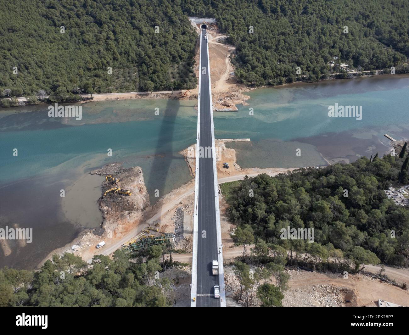 Aerial view of the Brijesta Bridge. Access roads to the Peljeski bridge ...
