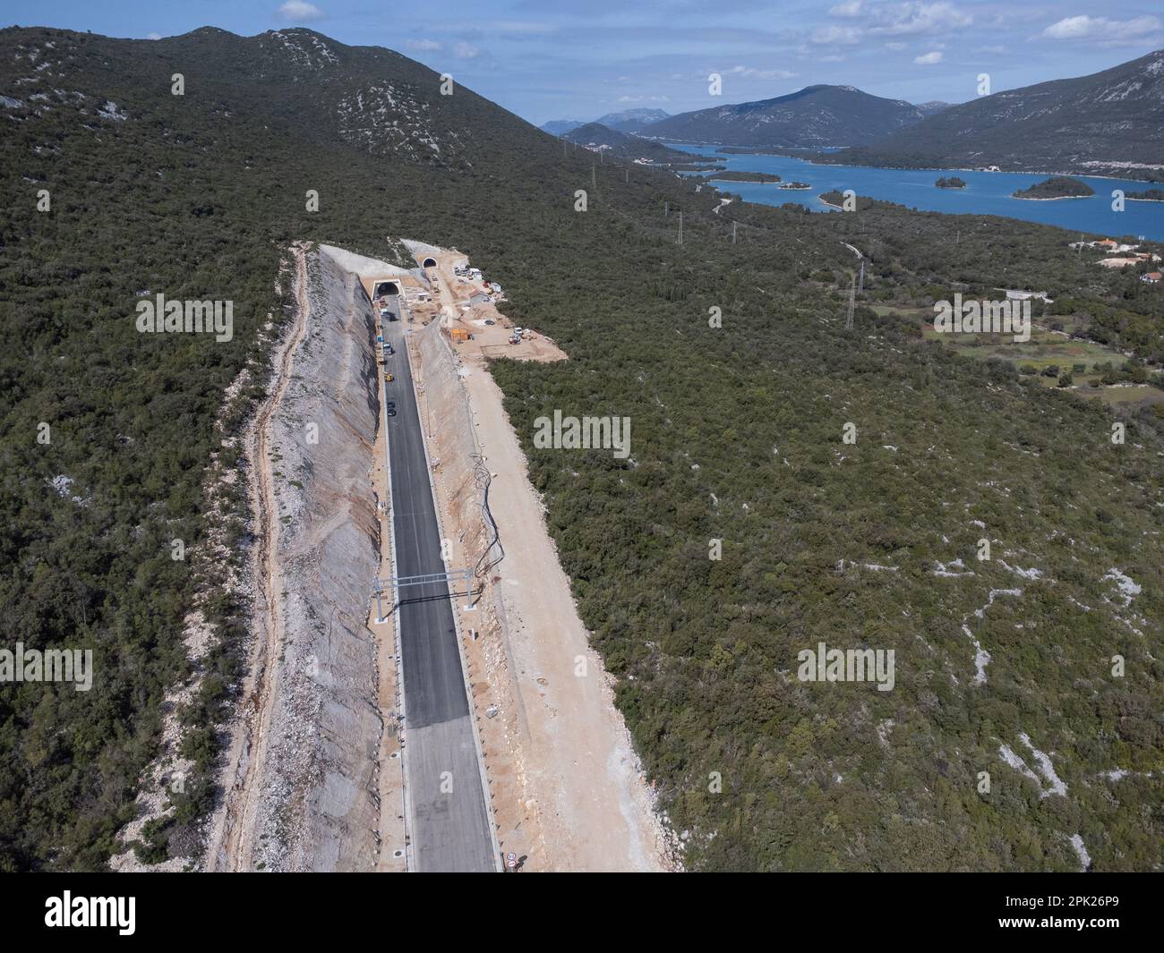 Aerial view of the access roads to the Peljeski bridge, in Zaton Doli ...