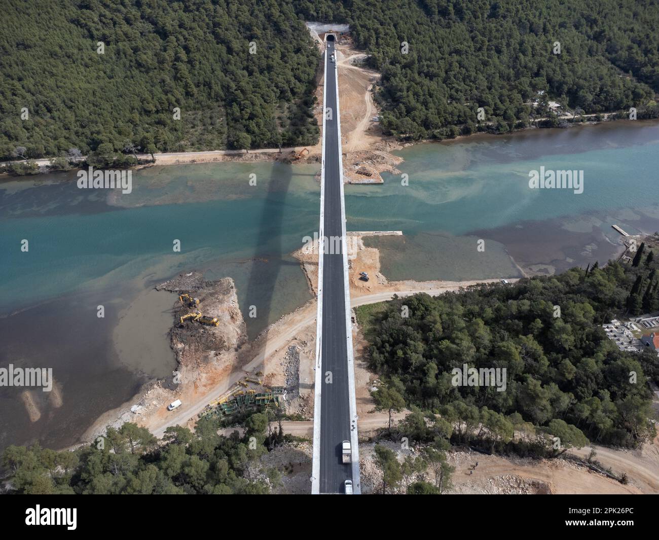 Aerial view of the Brijesta Bridge. Access roads to the Peljeski bridge ...