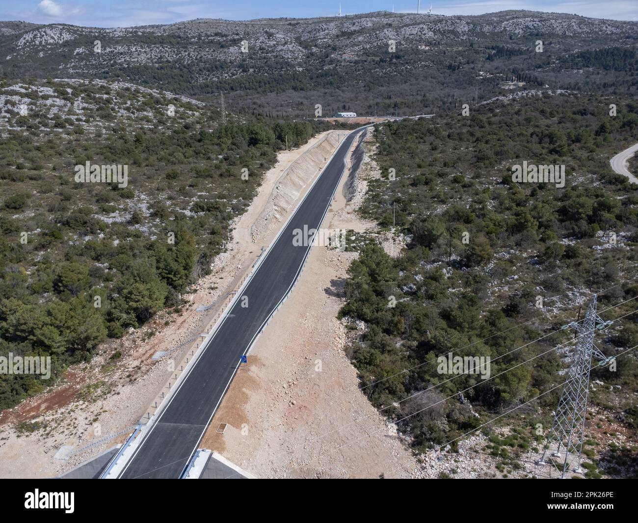 Aerial view of the access roads to the Peljeski bridge, in Zaton Doli ...