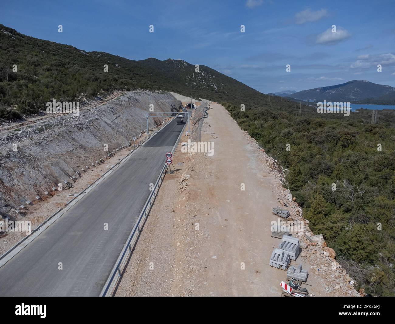 Aerial view of the access roads to the Peljeski bridge, in Zaton Doli ...