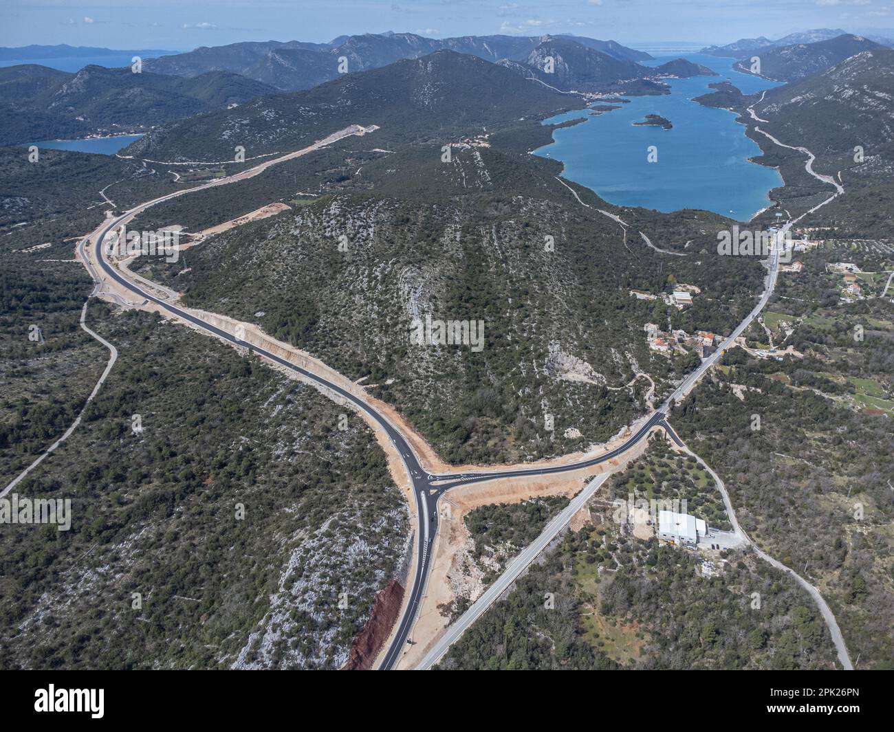 Aerial view of the traffic junction Zaton Doli. Access roads to the Peljeski bridge, in Zaton ...