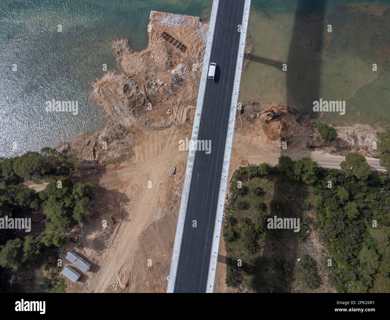 Aerial view of the Brijesta Bridge. Access roads to the Peljeski bridge ...