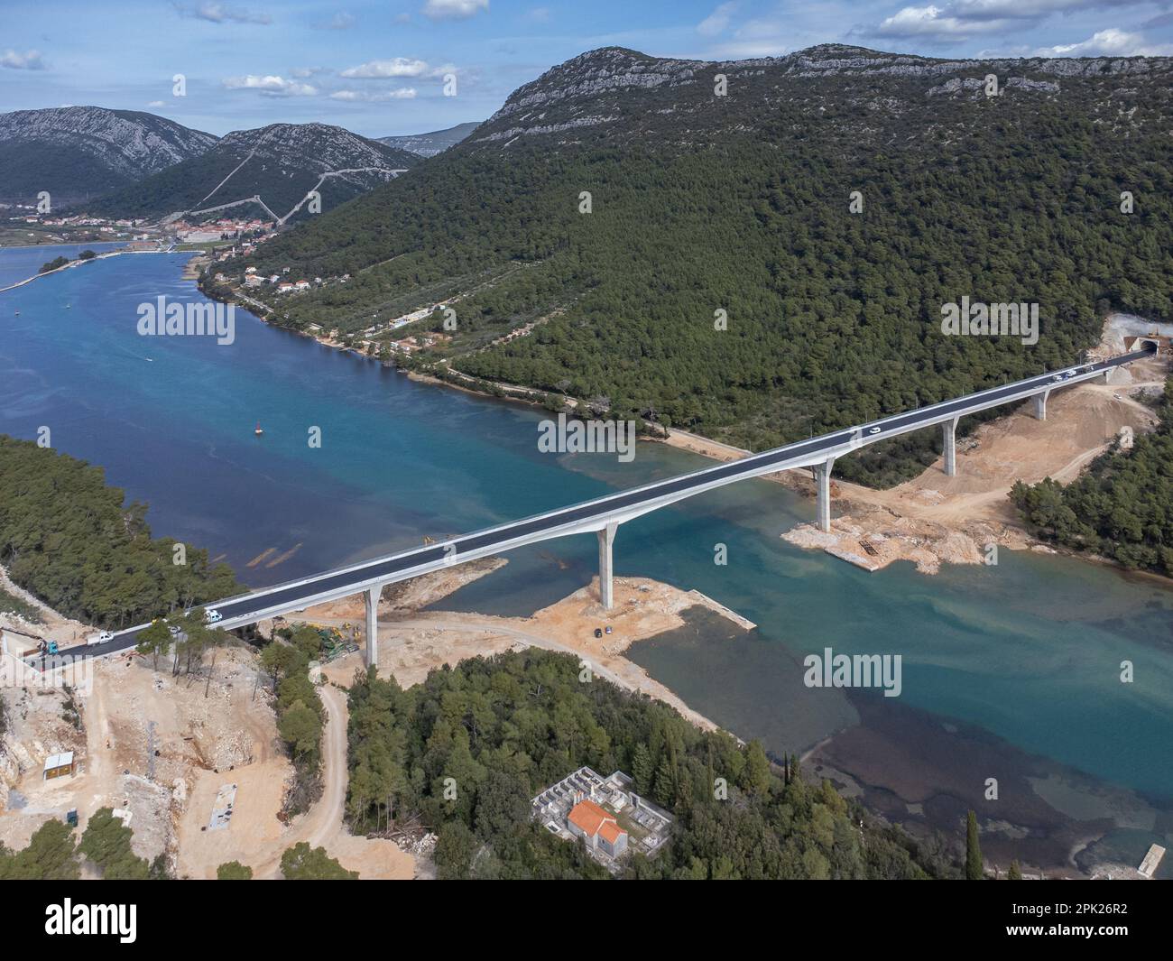 Aerial view of the Brijesta Bridge. Access roads to the Peljeski bridge ...
