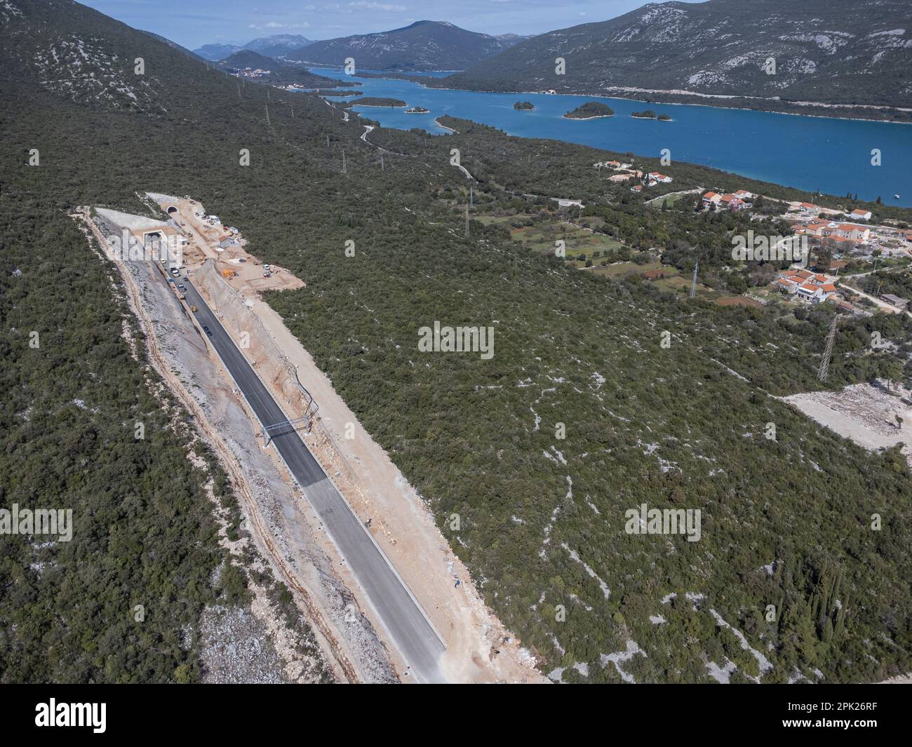 Aerial view of the access roads to the Peljeski bridge, in Zaton Doli ...