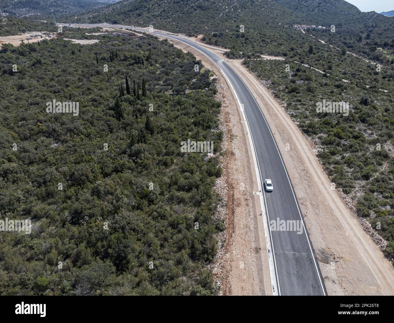 Aerial view of the access roads to the Peljeski bridge, in Zaton Doli ...