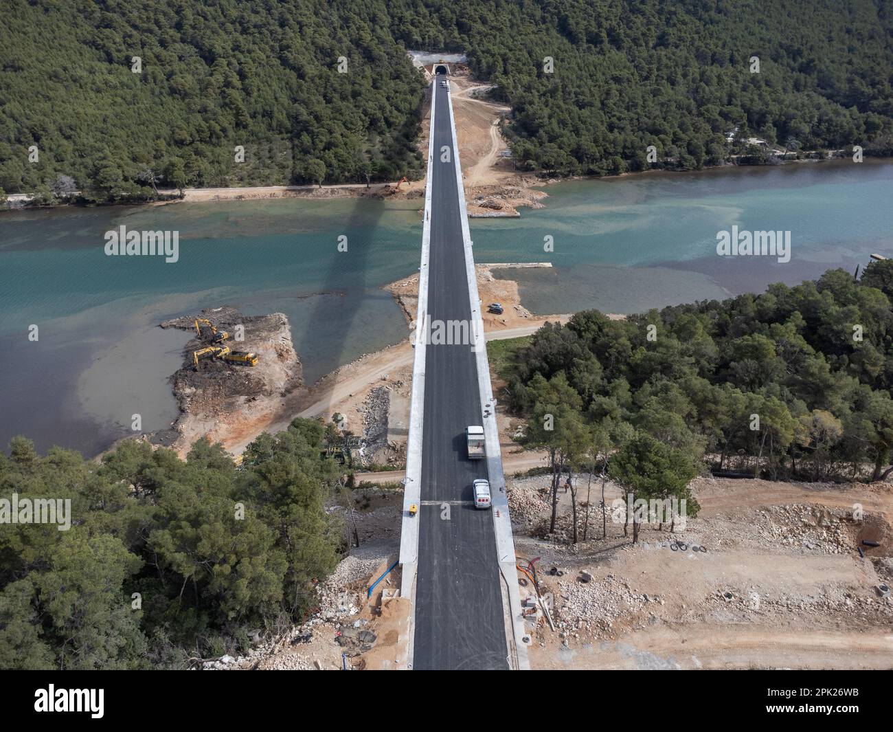 Aerial view of the Brijesta Bridge. Access roads to the Peljeski bridge ...