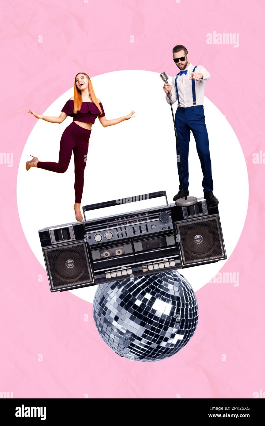 Vertical photo collage of young woman dancing listen song singer ...