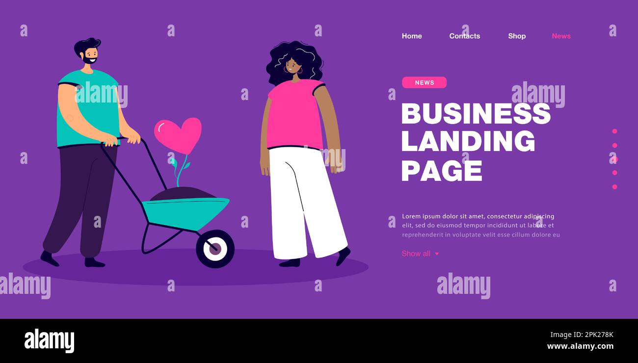 Happy cartoon couple with growing heart flower in wheelbarrow Stock ...