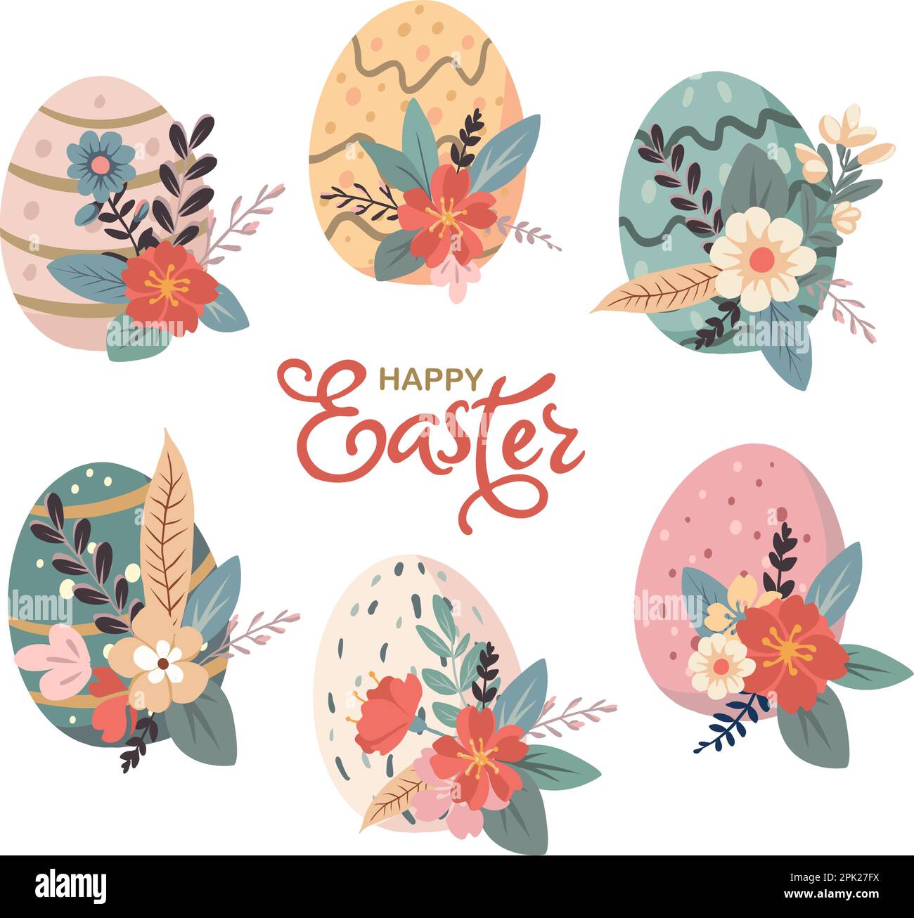 Poster with silhouettes of rabbits, spring flowers and colored eggs ...