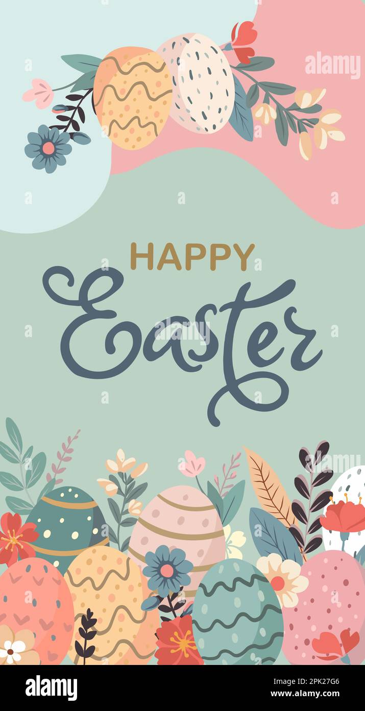 poster for stories, spring flowers and colored eggs. Vector flat ...