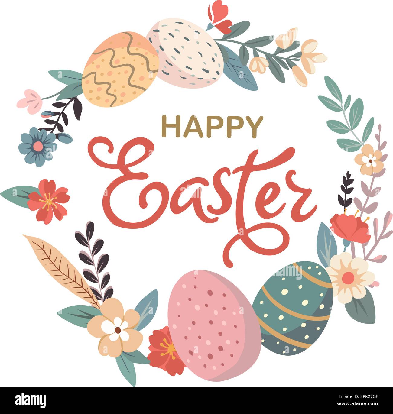 Poster with silhouettes of rabbits, spring flowers and colored eggs ...